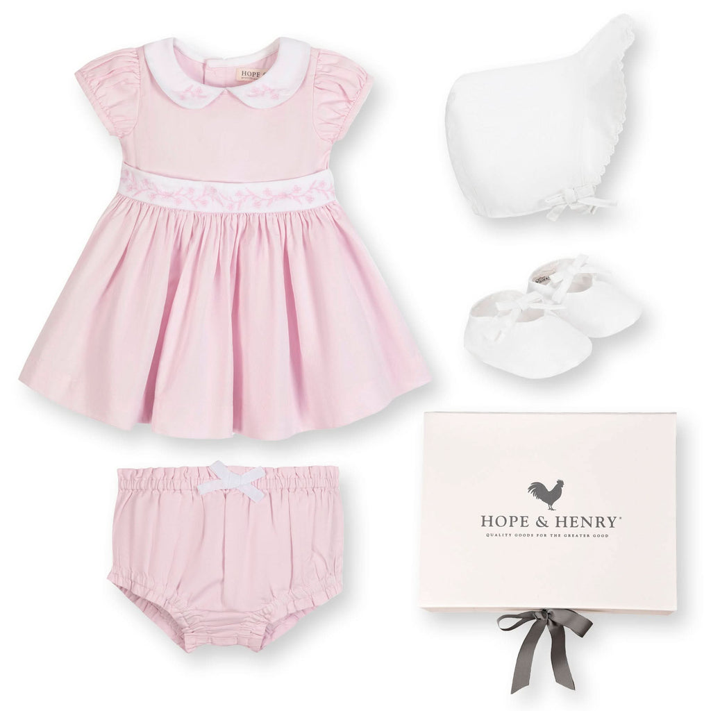Hope & Henry Pink Dress and Bonnet, Linen Bow Soft Shoe - Boxed Gift S
